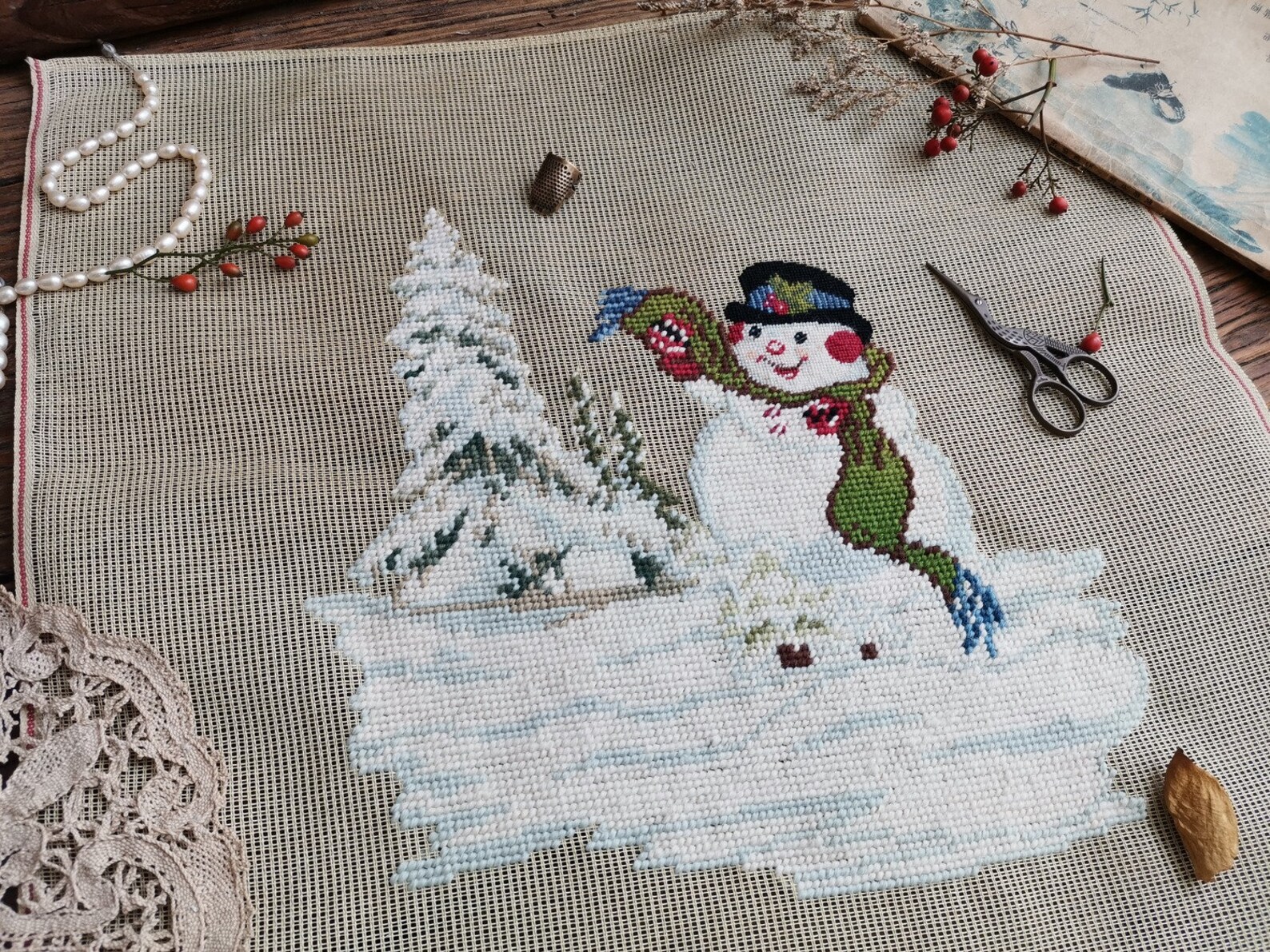 Vintage Needlepoint Canvas - Christmas Snowman Christmas Tree PREWORKED ...