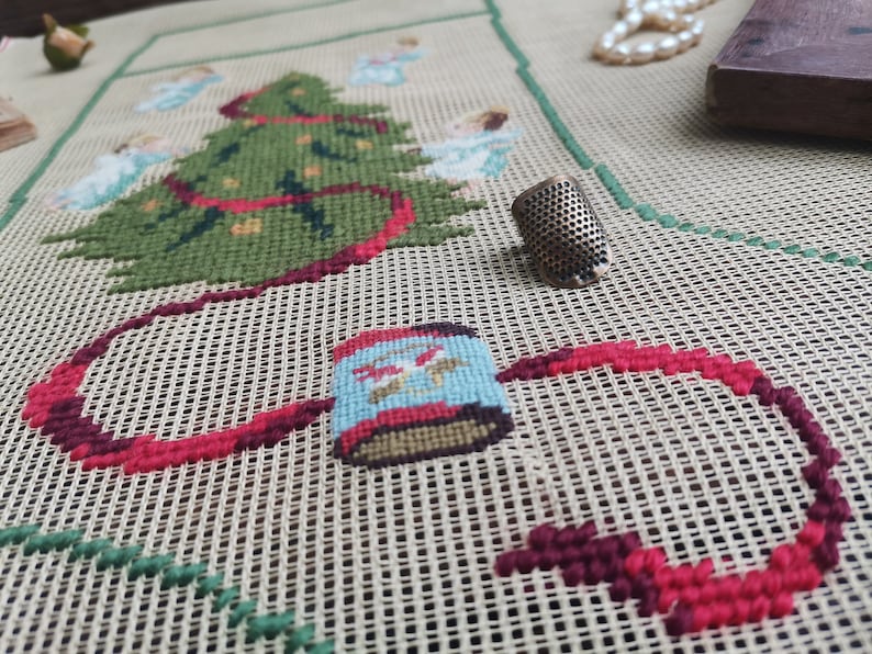 Vintage Preworked Needlepoint Christmas Stocking Canvas: Angels & Tree ...