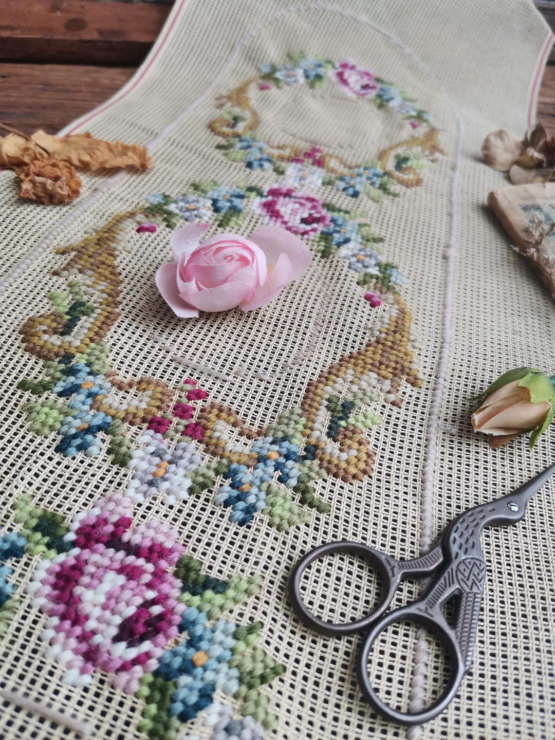 Antique FRENCH *scrolls &pink Roses 30" Long Preworked Needlepoint ...