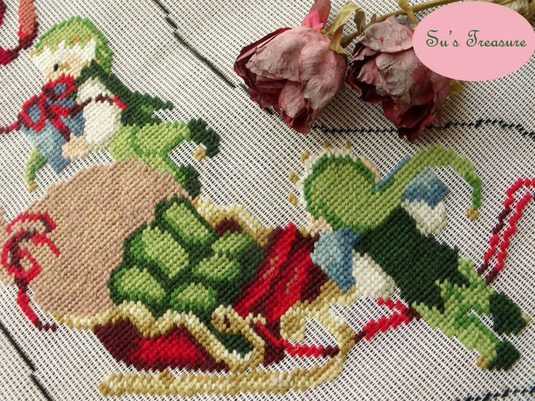 Vintage Elves Loading Sleigh Needlepoint Christmas Stocking Canvas GIFT ...