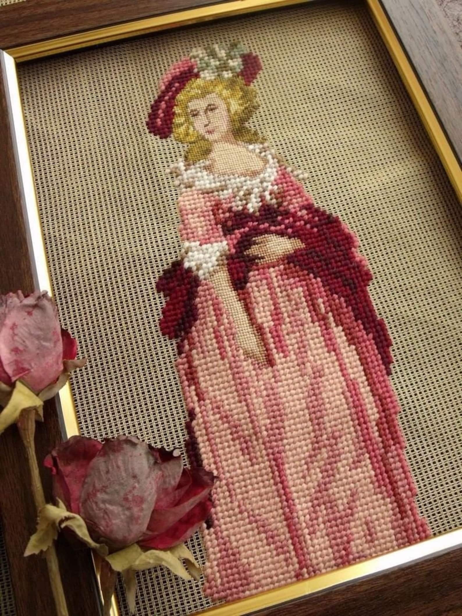 ANTIQUE Lady Colonial Lady Vintage 18x12" PREWORKED Needlepoint Canvas ...
