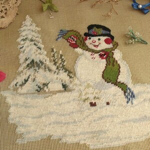 Vintage Needlepoint Canvas: Snowman & Christmas Trees Petit Point (18 ...