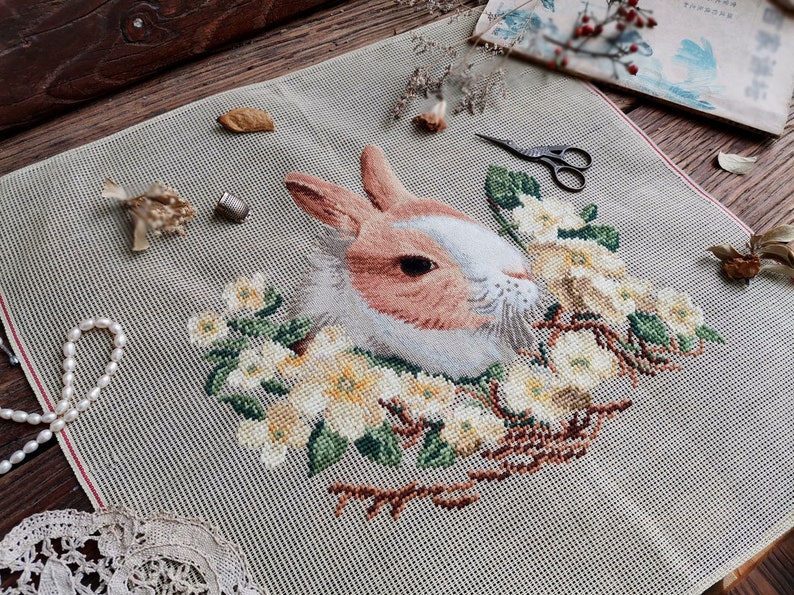 Vintage PREWORKED Needlepoint Canvas - Bunny in Yellow Flowers Wreath ...