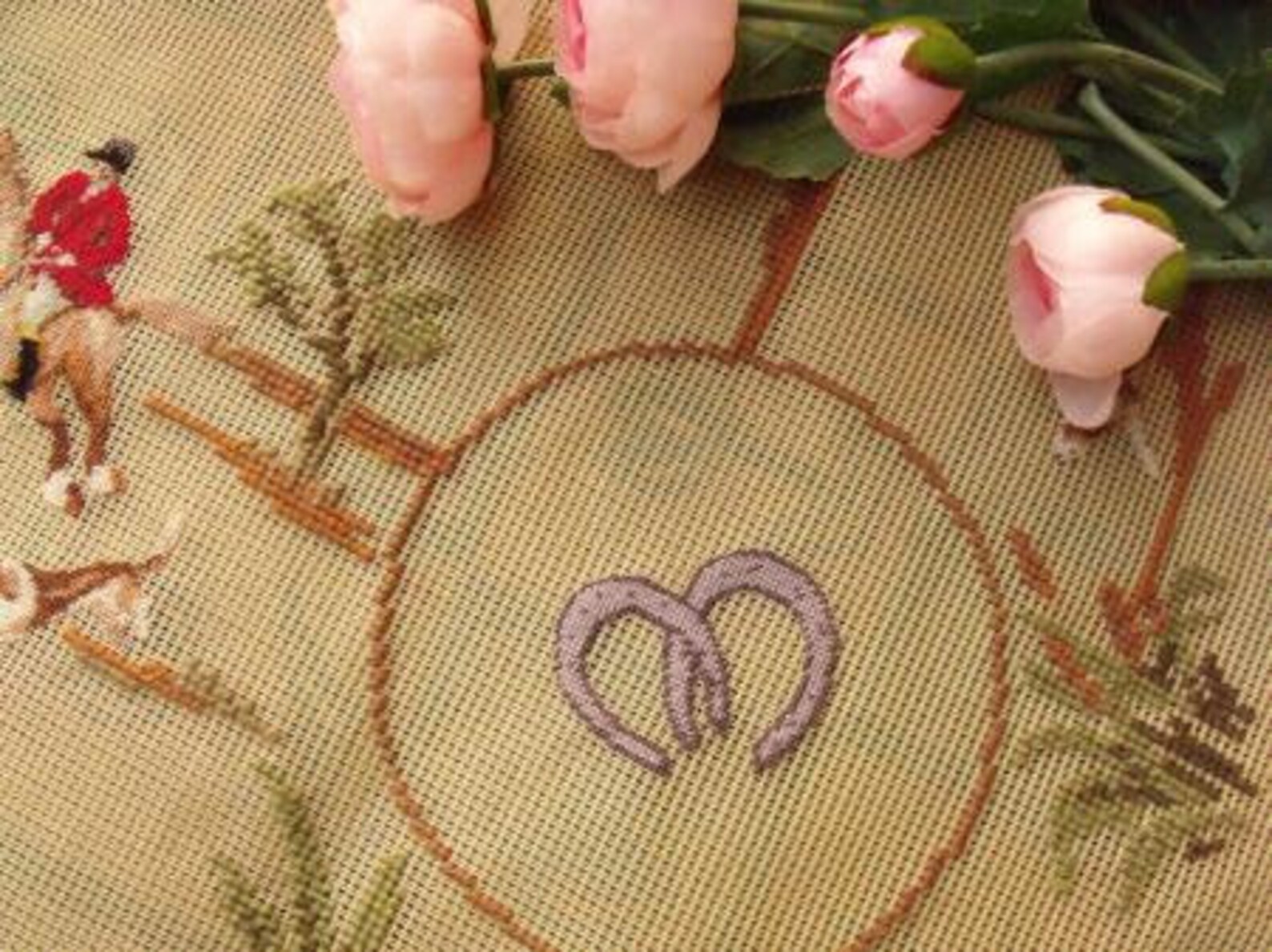 HUGE 36 Antique Vintage PREWORKED Needlepoint Canvas Mat RUG Throw ...