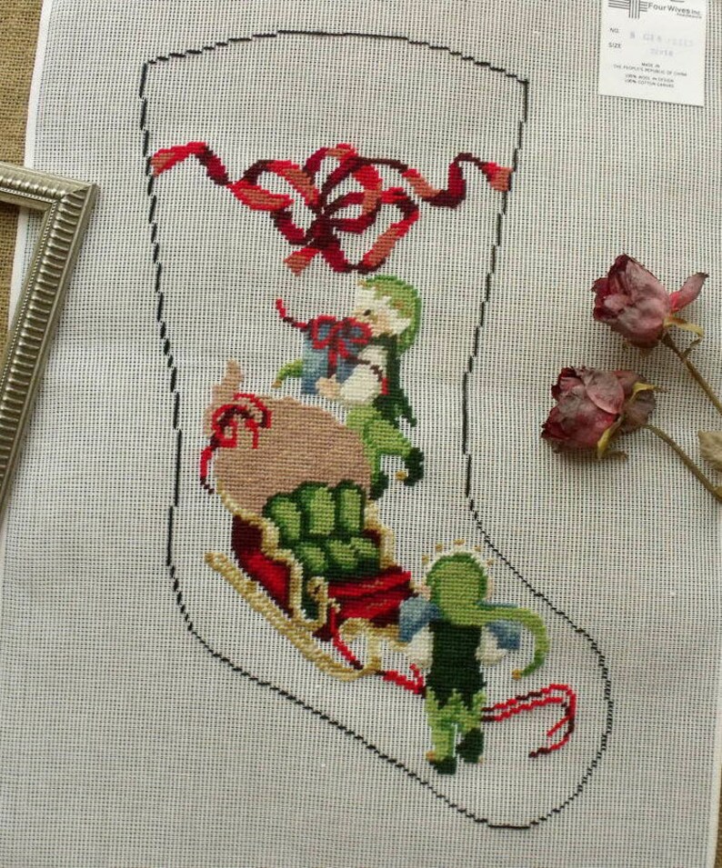 Vintage Elves Loading Sleigh Needlepoint Christmas Stocking Canvas GIFT ...