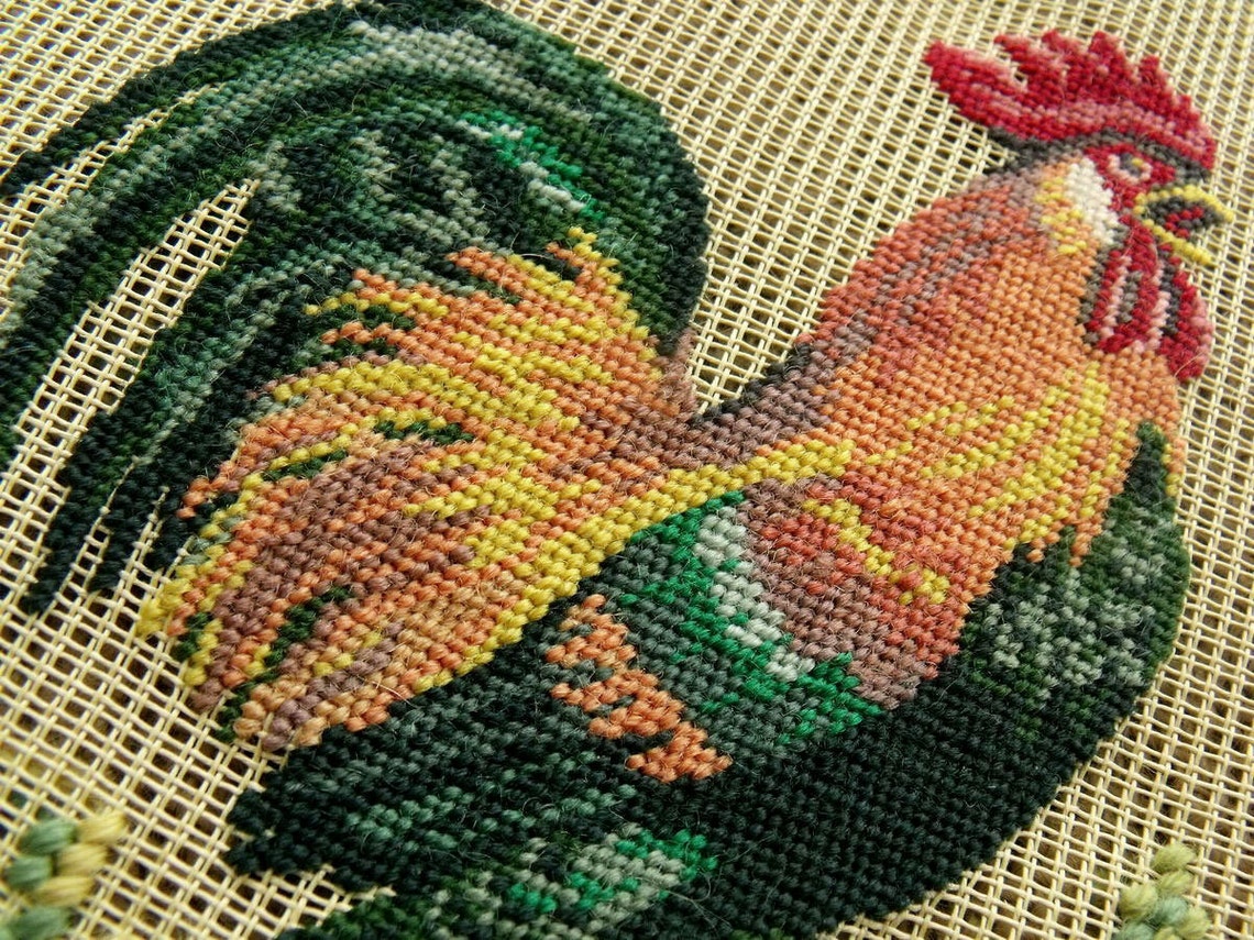 Vintage PREWORKED Needlepoint Canvas PETIT POINT Rooster - Etsy