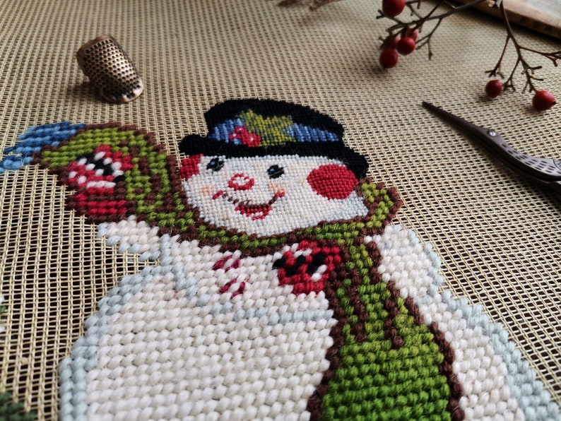 Vintage Needlepoint Canvas - Christmas Snowman Christmas Tree PREWORKED ...