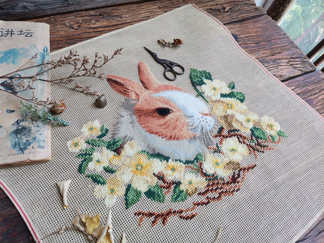 Vintage Bunny Needlepoint Canvas: 18" Preworked Petit Point Rabbit - Etsy