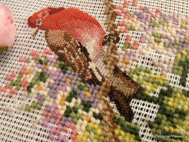 Vintage PREWORKED Needlepoint Canvas Bird PETIT POINT Embroidered ...