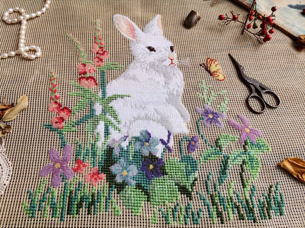 Vintage 18" PREWORKED Needlepoint Canvas - Bunny Rabbit in Flowers ...
