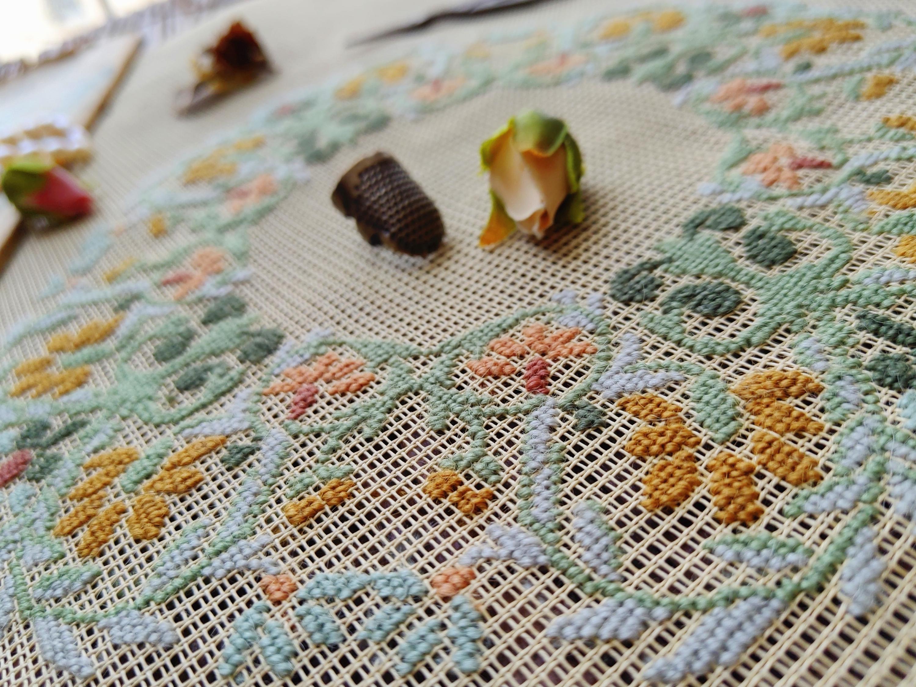 Antique French Petit Point Needlepoint Canvas: Floral Wreath, Mint ...