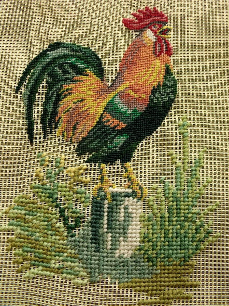 Vintage PREWORKED Needlepoint Canvas PETIT POINT -- Rooster Crowing in ...