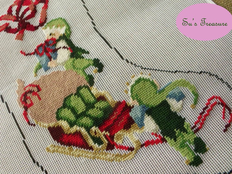 Vintage Elves Loading Sleigh Needlepoint Christmas Stocking Canvas GIFT ...