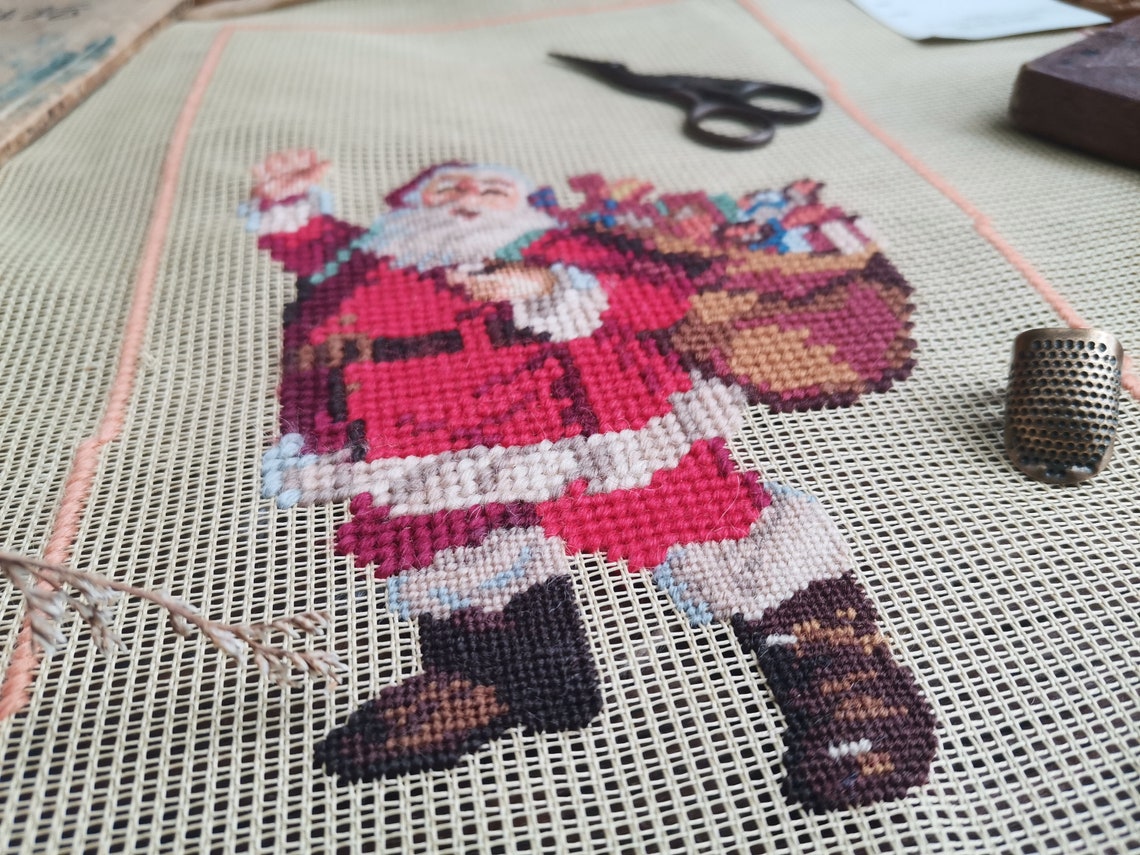 Vintage PREWORKED Needlepoint Christmas Stocking Canvas -- Santa Wave ...