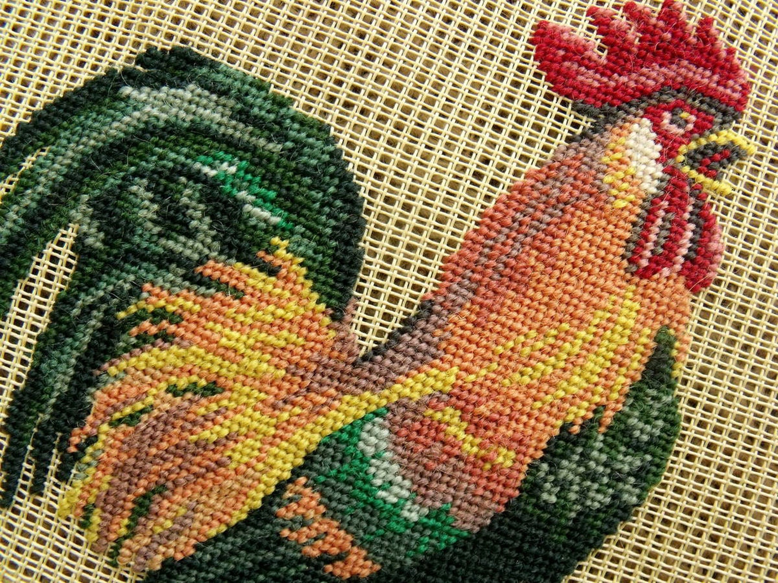 Vintage PREWORKED Needlepoint Canvas PETIT POINT -- Rooster Crowing in ...