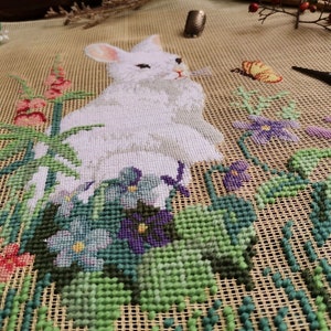 Vintage Bunny Rabbit Needlepoint Canvas: Floral Petit Point (18"x18 ...