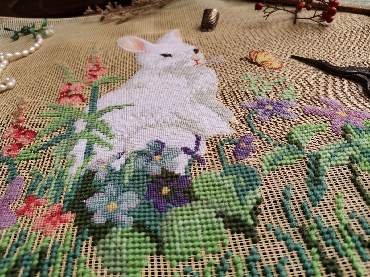 Vintage 18" PREWORKED Needlepoint Canvas - Bunny Rabbit in Flowers ...