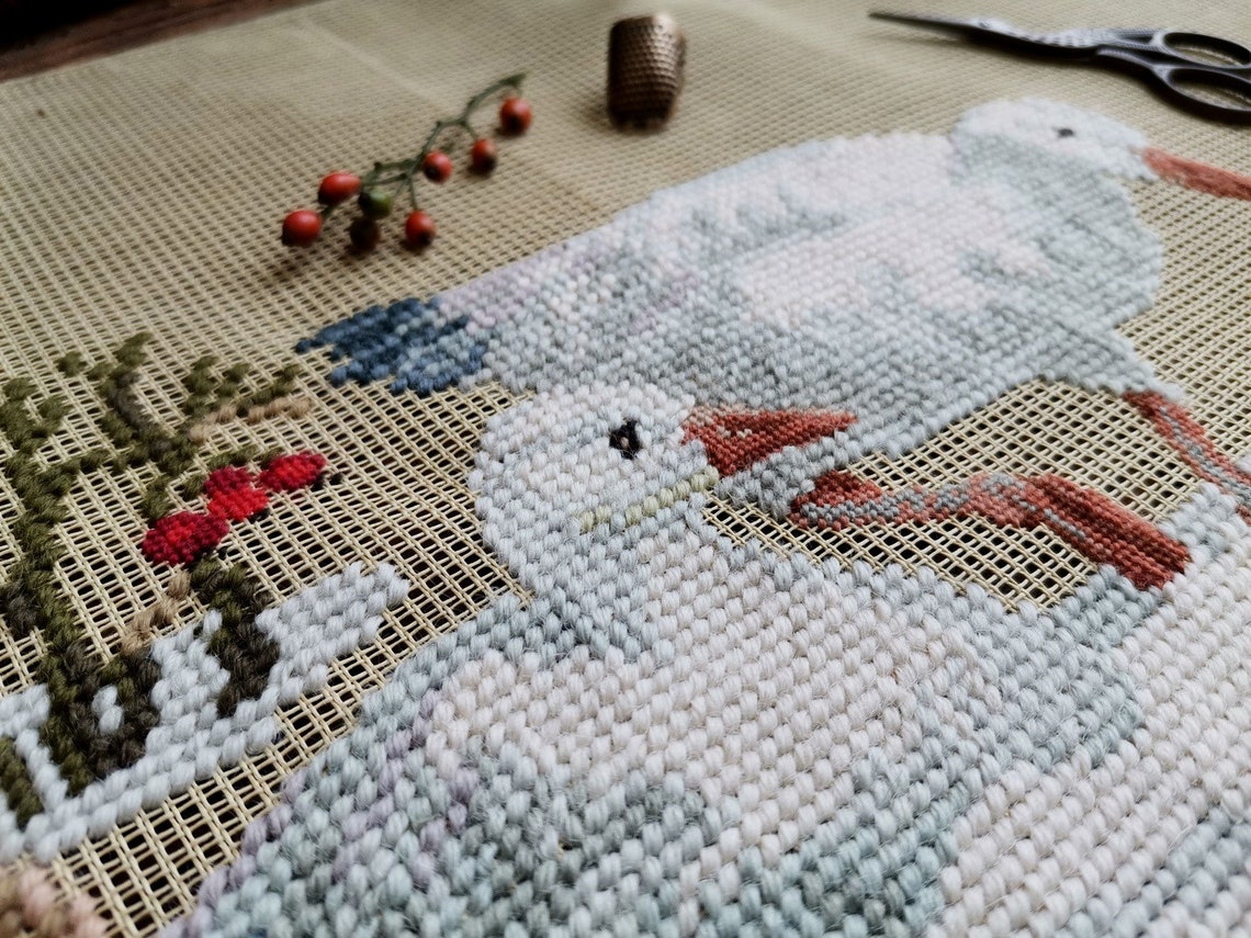 Vintage Needlepoint Canvas Winter Duck-egg Ducks PRE-WORKED Needlepoint ...