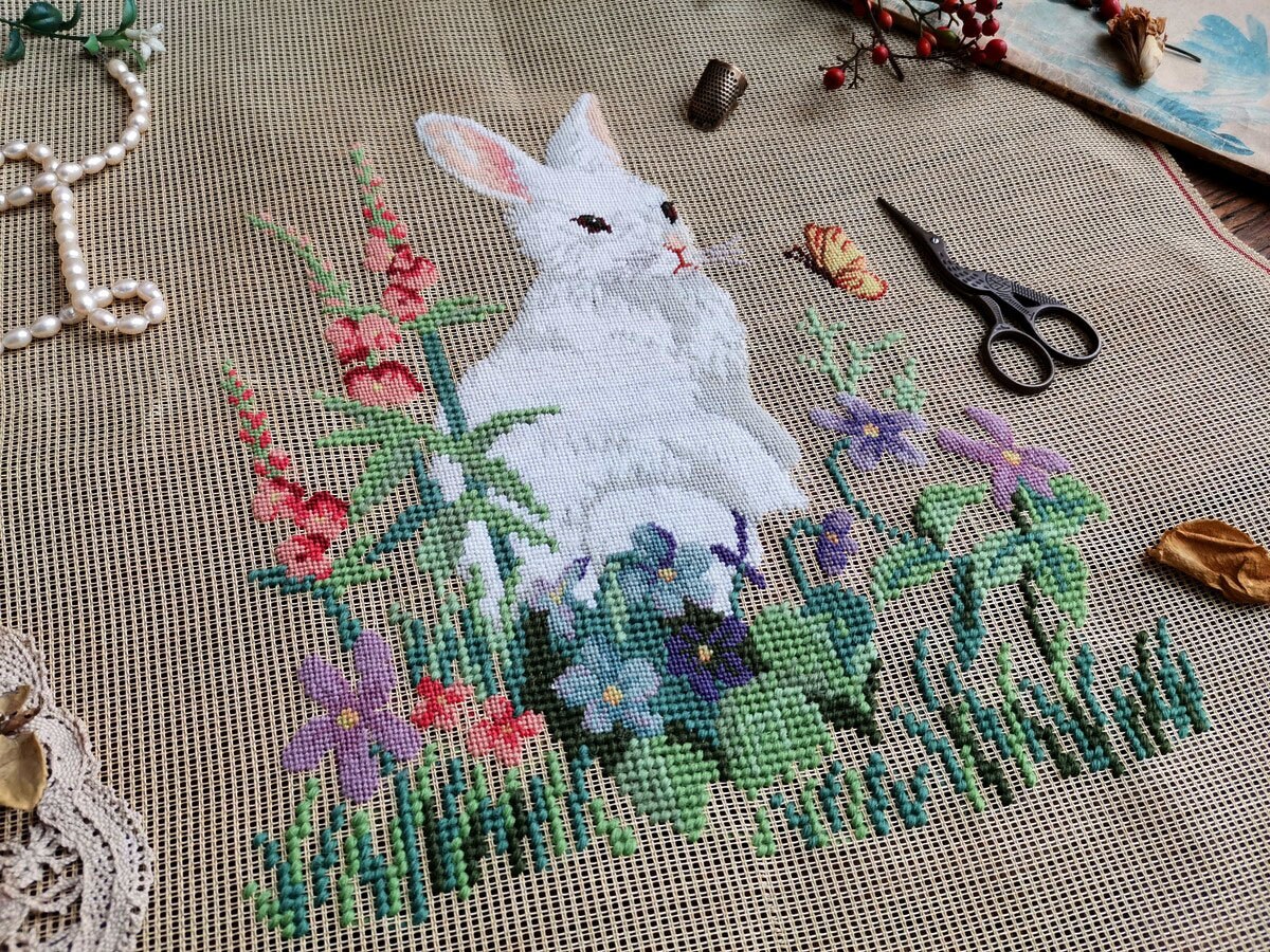 Vintage 18" PREWORKED Needlepoint Canvas - Bunny Rabbit in Flowers ...