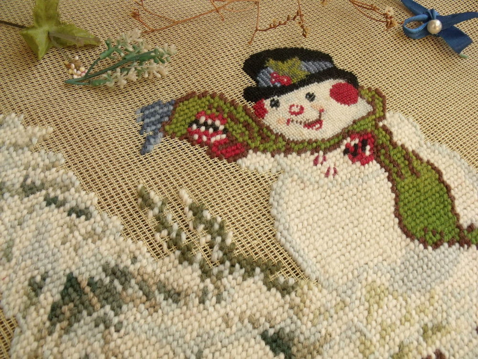 Vintage Needlepoint Canvas: Snowman & Christmas Trees Petit Point (18 ...