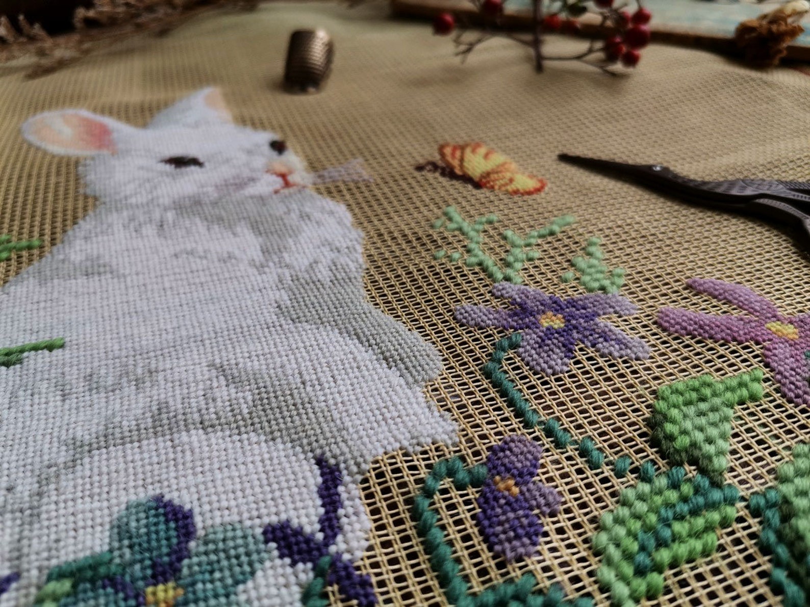 Vintage 18 PREWORKED Needlepoint Canvas Bunny Rabbit in Flowers Animals ...