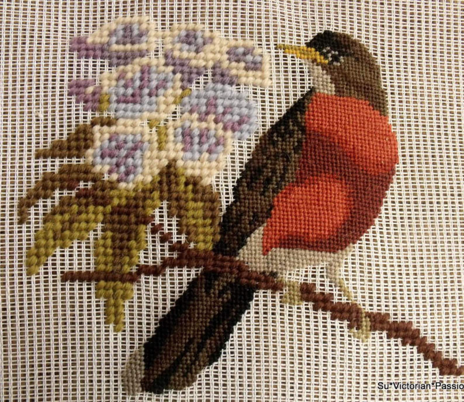 Vintage PREWORKED Needlepoint Canvas Bird PETITPOINT- Carolina Wren ...