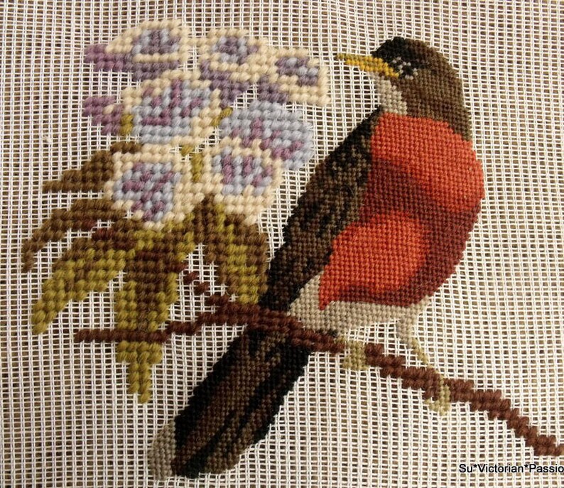 Vintage PREWORKED Needlepoint Canvas Bird PETITPOINT- Carolina Wren Yellow Jessamine - Etsy
