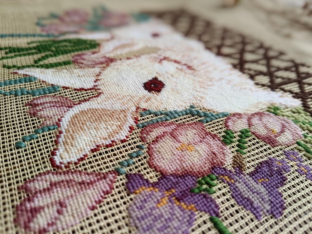 French *baby Bunny &grandma Needlepoint Canvas. Vintage Preworked ...