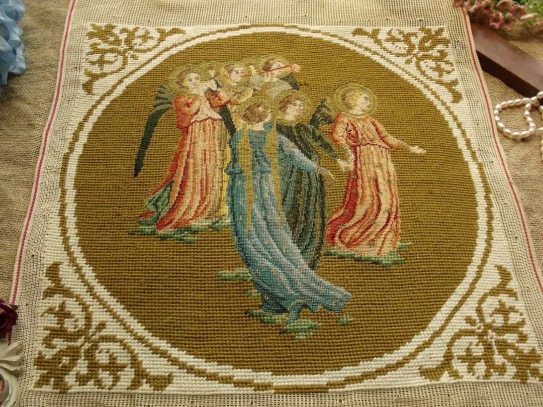 ANGELS Musical Scroll Antique FRENCH Vintage Completed Needlepoint ...