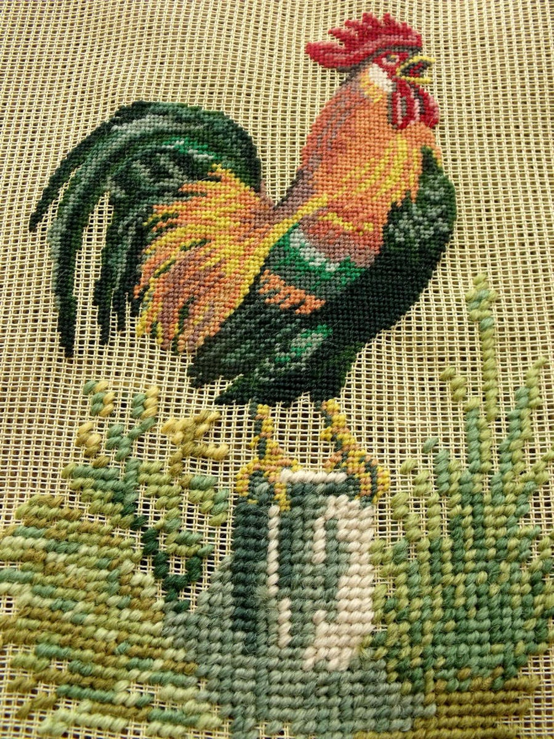 Vintage PREWORKED Needlepoint Canvas PETIT POINT Rooster - Etsy