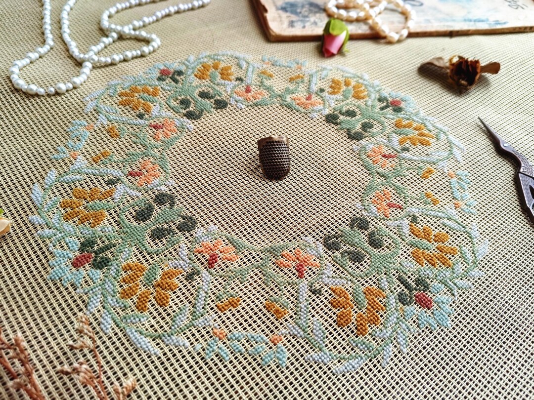 Antique French Petit Point Needlepoint Canvas: Floral Wreath, Mint ...