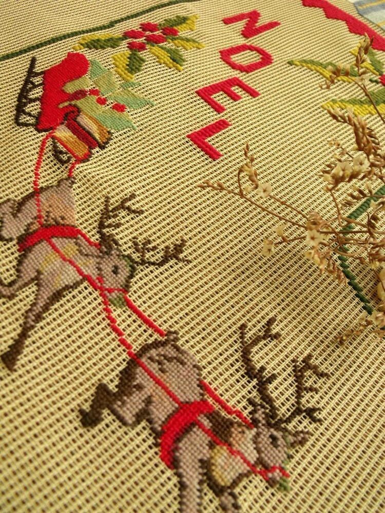 NOEL PREWORKED Needlepoint Canvas Reindeer Sled GIFT Vintage Christmas ...