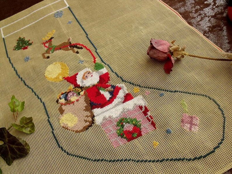 Vintage PREWORKED Needlepoint Christmas Stocking Canvas - Etsy