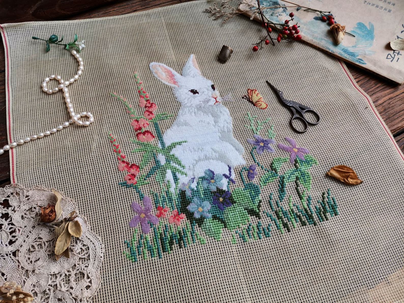 Vintage 18 PREWORKED Needlepoint Canvas Bunny Rabbit in Flowers Animals ...