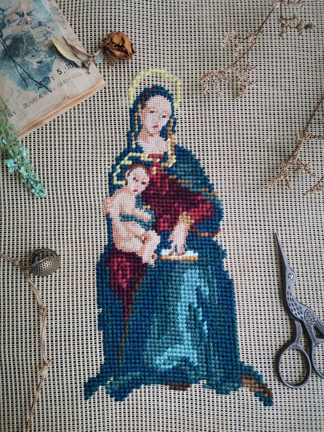 Vintage Mary and Baby Needlepoint Canvas: Hand-stitched Petite Point ...