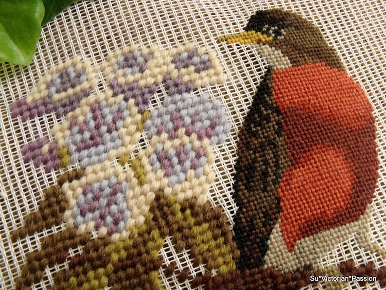 Vintage PREWORKED Needlepoint Canvas Bird PETITPOINT- Carolina Wren Yellow Jessamine - Etsy