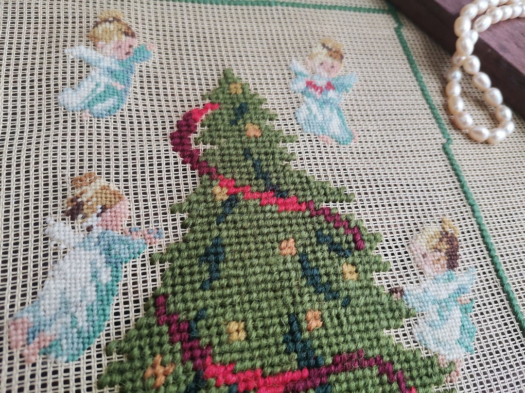 Vintage Preworked Needlepoint Christmas Stocking Canvas: Angels & Tree ...
