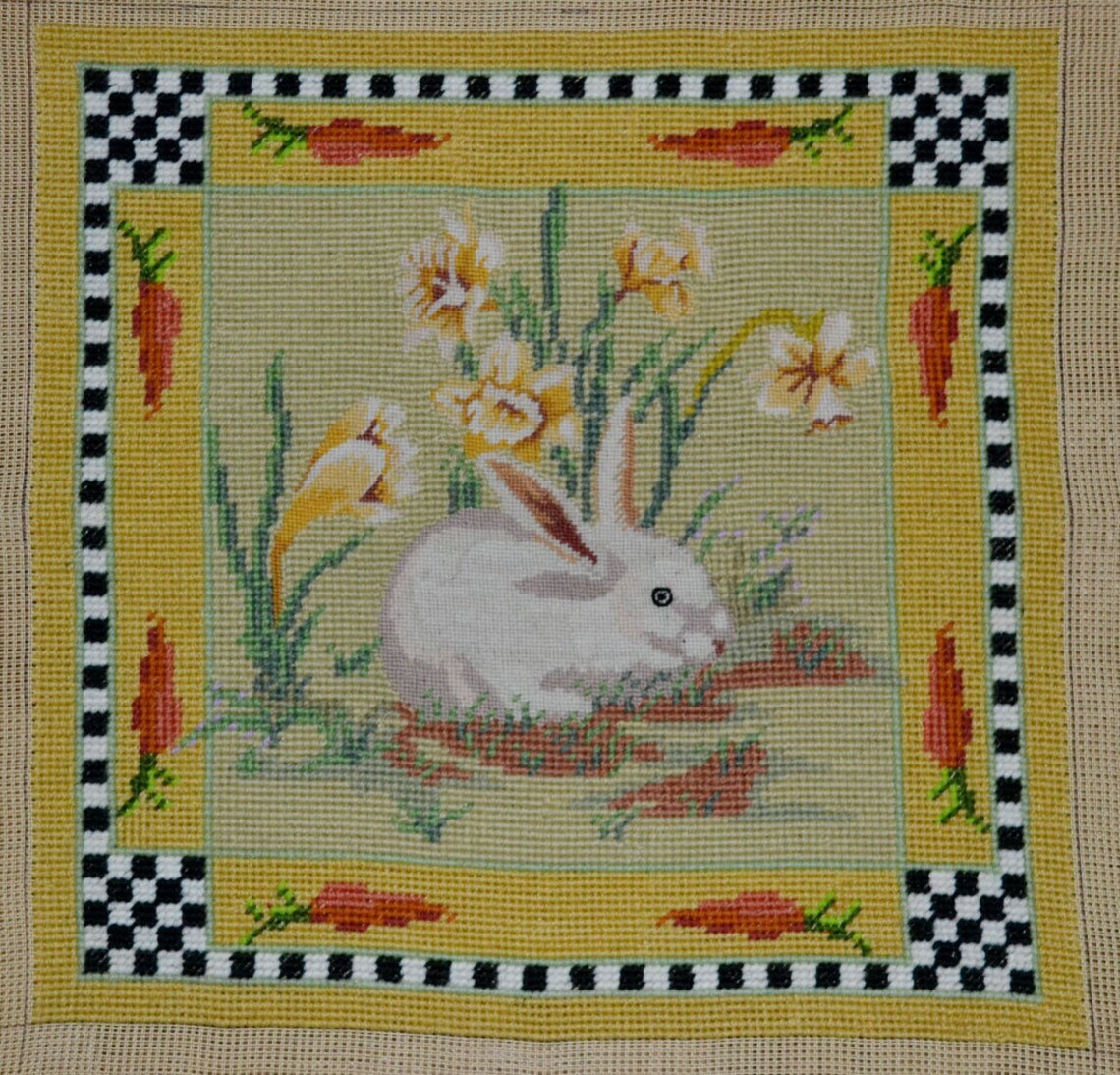 18" Vintage PREWORKED Needlepoint Canvas Petit Point-bunny Rabbit in ...
