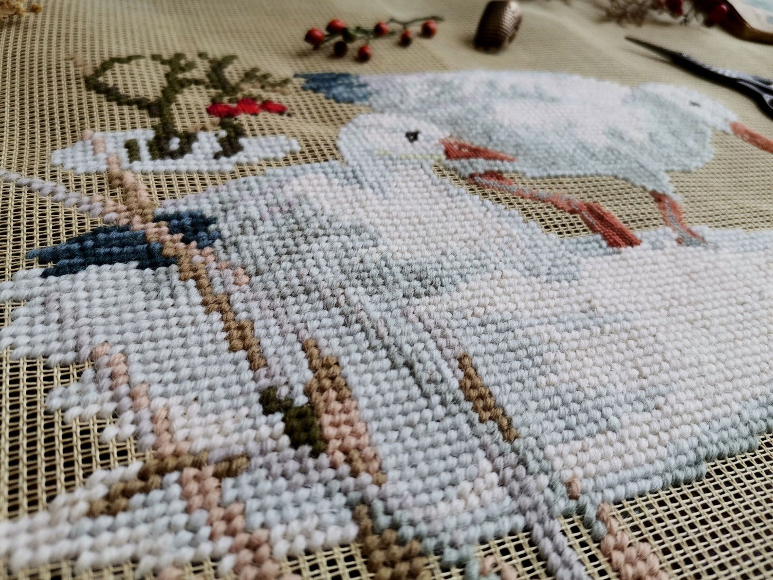 Vintage Needlepoint Canvas Winter Duck-egg Ducks PRE-WORKED Needlepoint ...