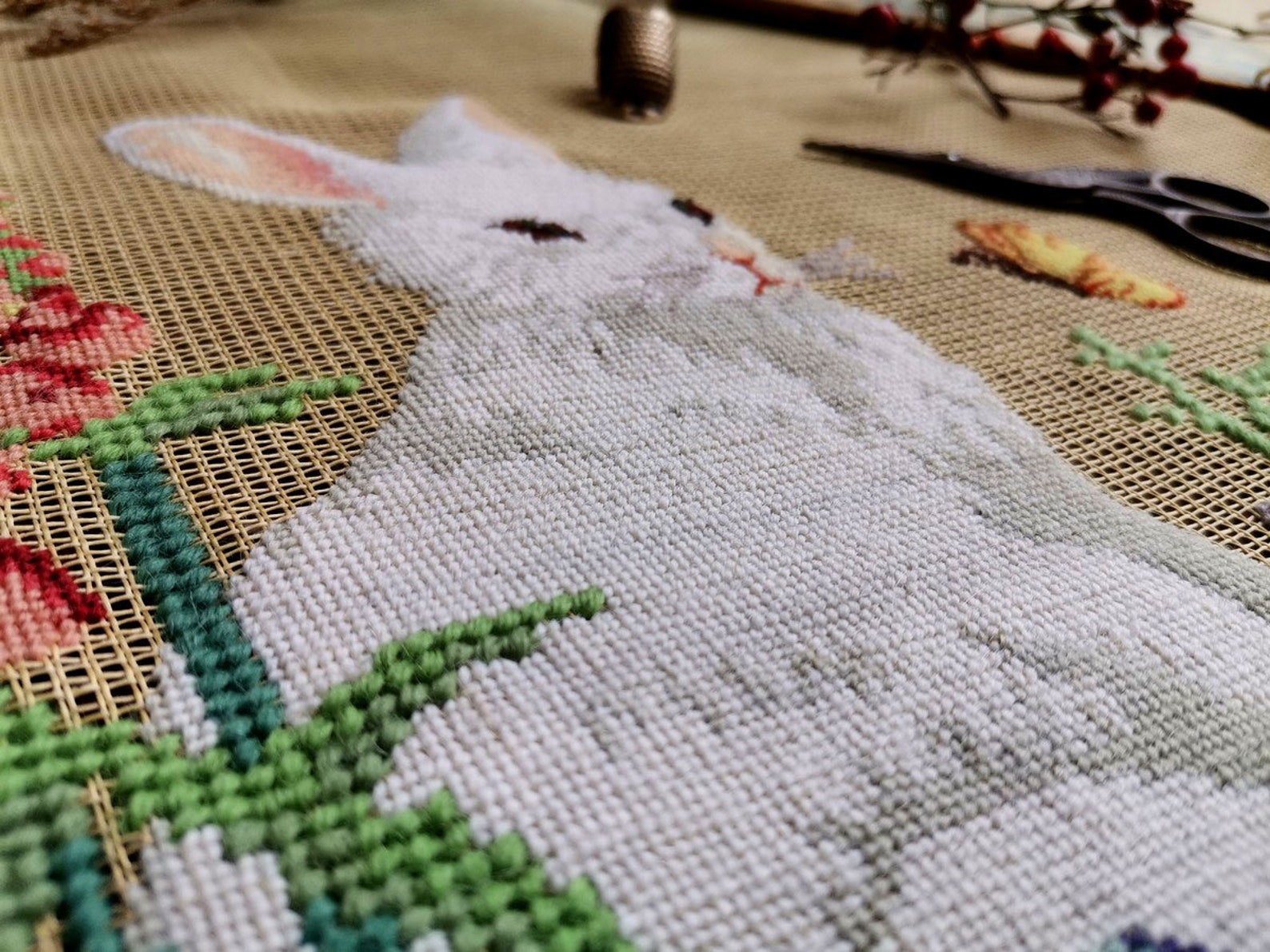 Vintage 18 PREWORKED Needlepoint Canvas Bunny Rabbit in Flowers Animals ...