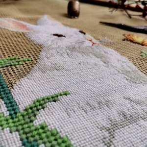 Vintage 18" PREWORKED Needlepoint Canvas - Bunny Rabbit in Flowers ...