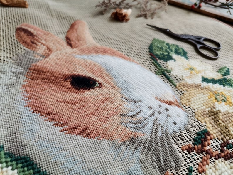 Vintage PREWORKED Needlepoint Canvas - Bunny in Yellow Flowers Wreath ...