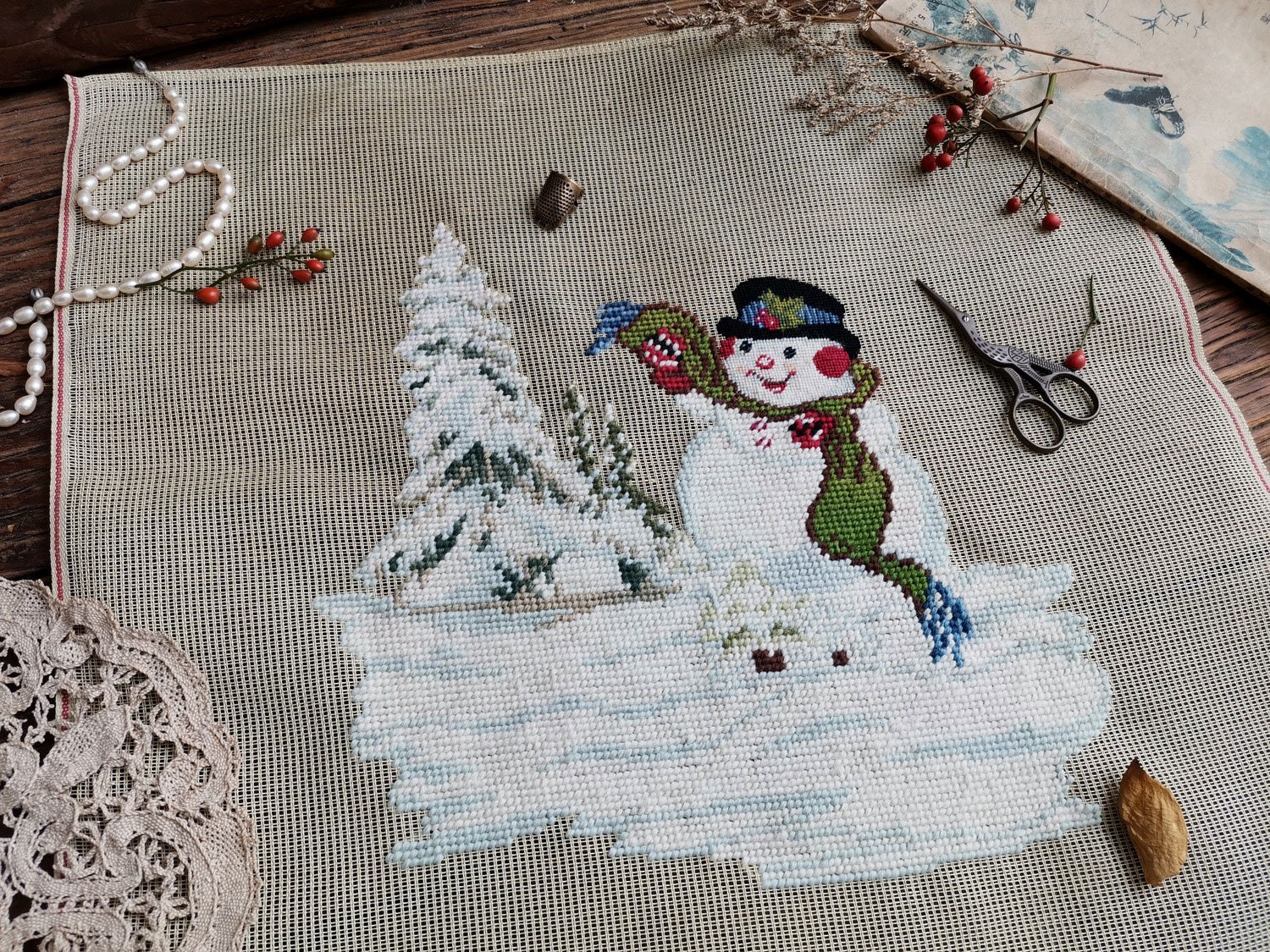 Vintage Christmas Snowman Needlepoint Canvas: Preworked Wool, 18x18 - Etsy