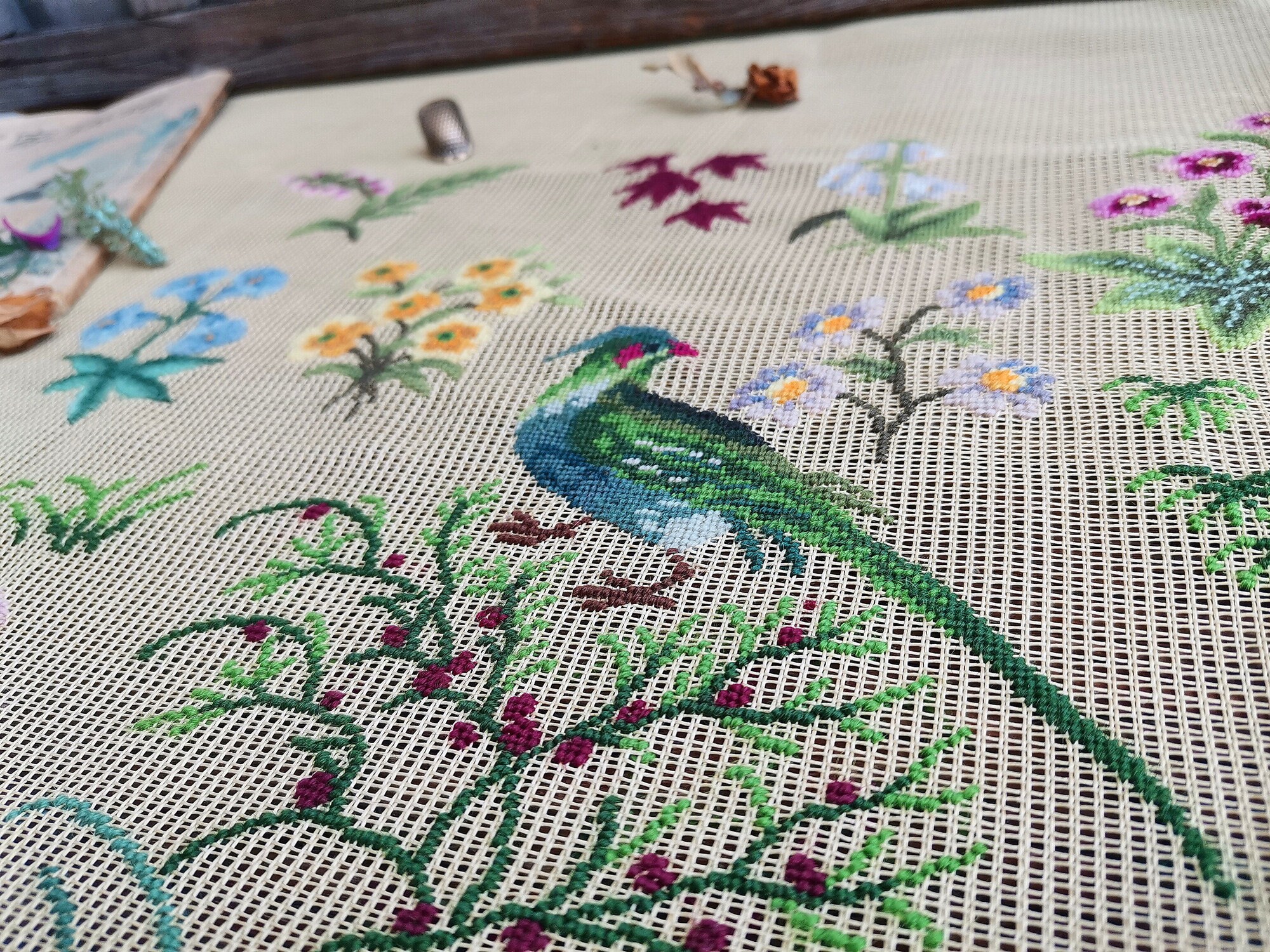 Antique Medieval Pheasant Needlepoint Canvas: 100% Wool Petit Point BIG ...