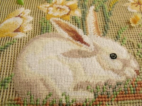 18" Vintage PREWORKED Needlepoint Canvas Petit Point-bunny Rabbit in ...