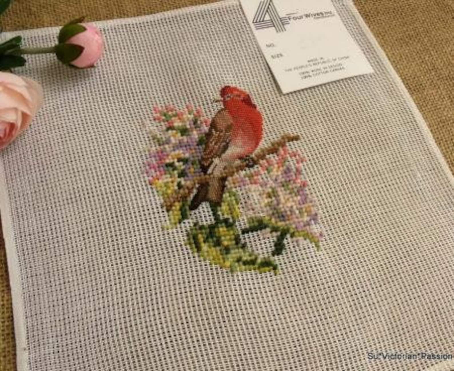 Vintage PREWORKED Needlepoint Canvas Bird PETIT POINT Embroidered ...