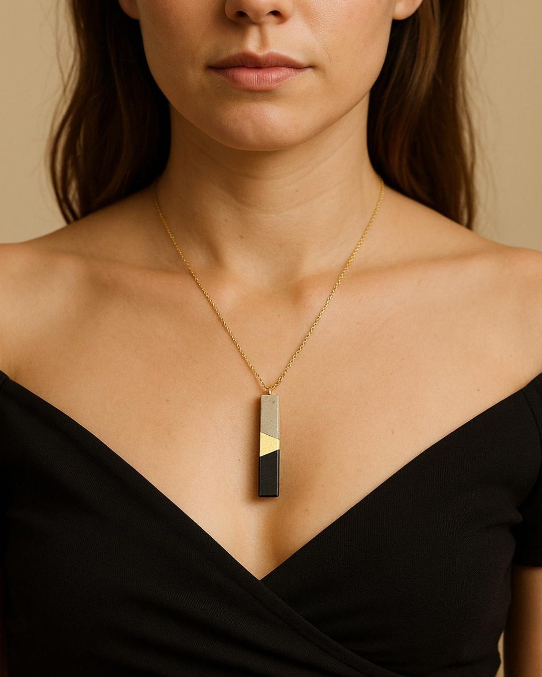 Black and Gold Long Rectangle Cube Cement Pendant Necklace | Minimal ...