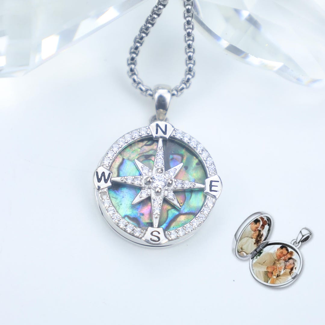 Compass Locket Necklace – 925 Sterling Silver With Abalone Shell ...