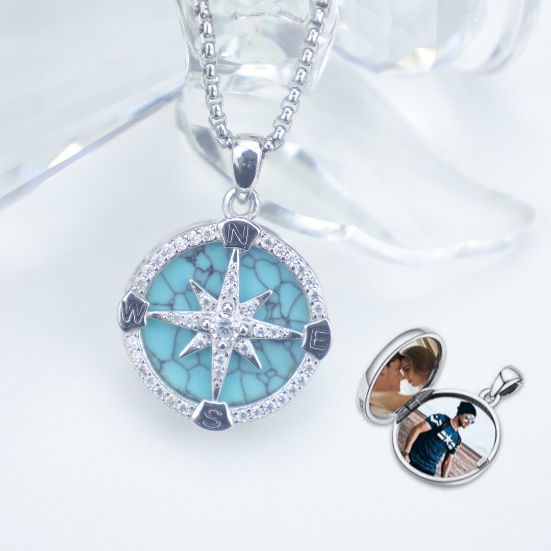 Compass Locket Necklace – 925 Sterling Silver With Turquoise – Custom ...