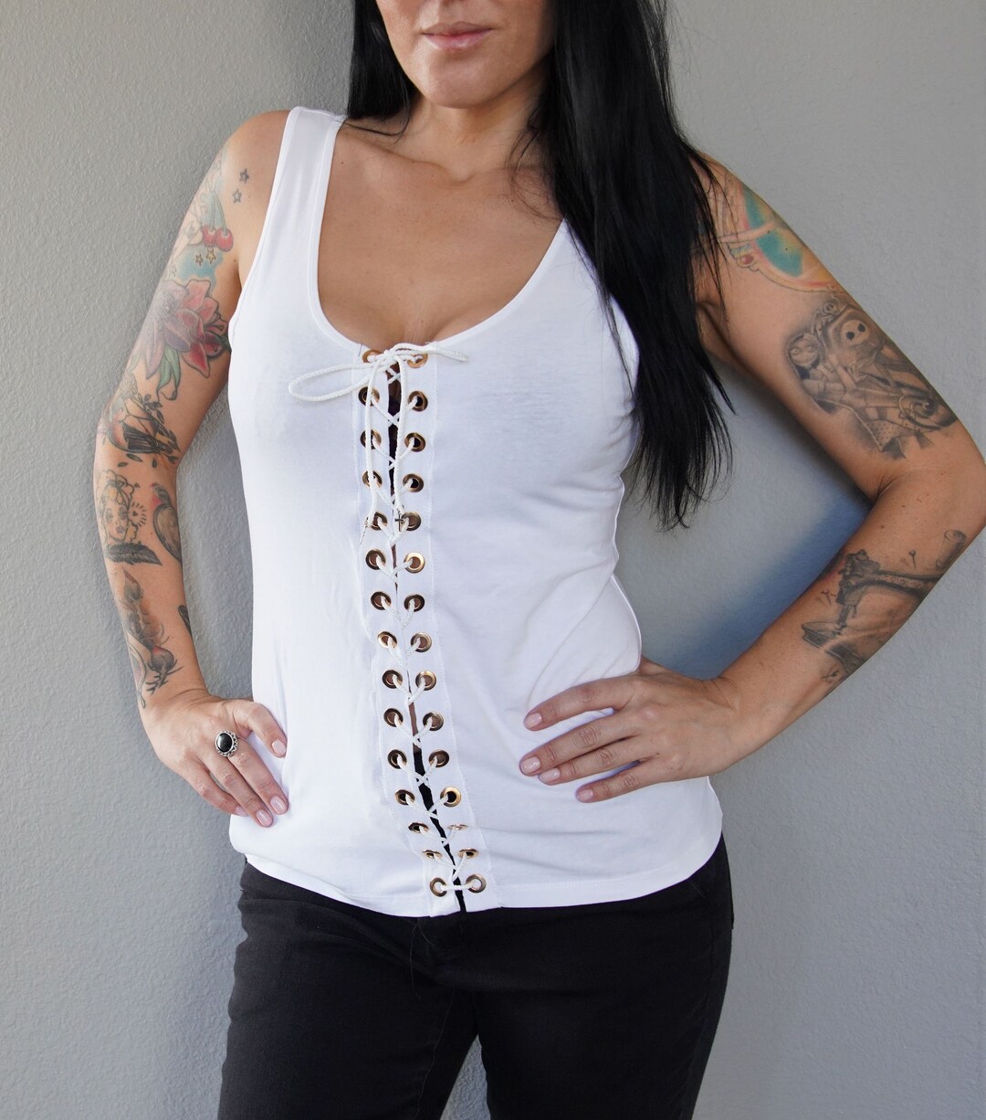 Olivia Paige Clothing front Eyelet Lace up Tank in White Corset Style ...